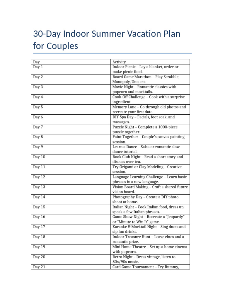 30-Day Indoor Summer Vacation Plan | PDF