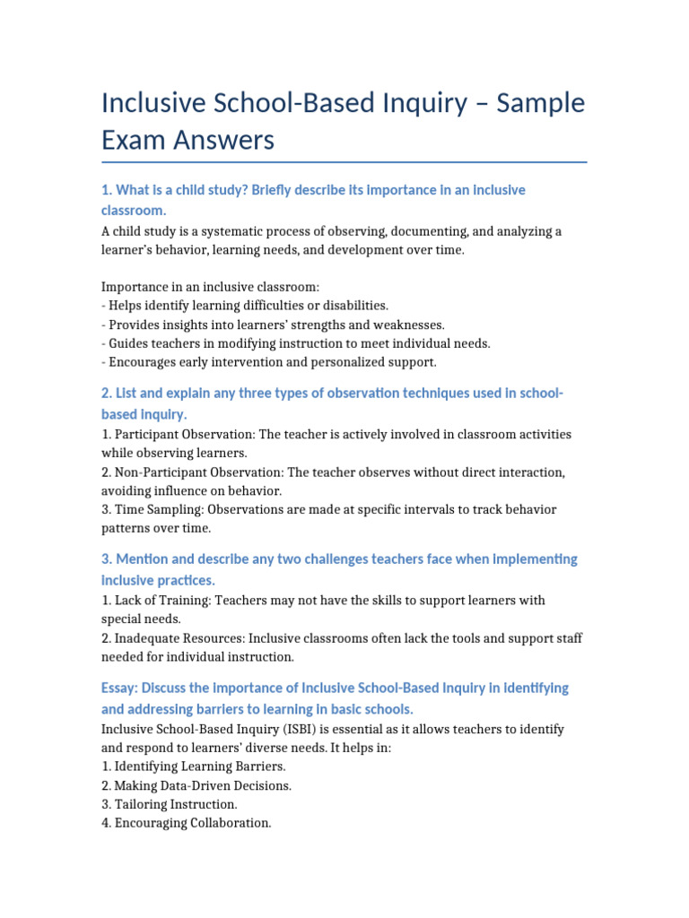 Inclusive School-Based Inquiry Sample Answers | PDF | Learning | Teachers