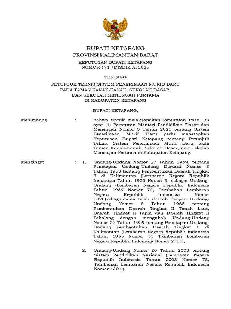 SK Bupati Juknis SPMB Kab. Ketapang Tahun 2025, - Salinan | PDF