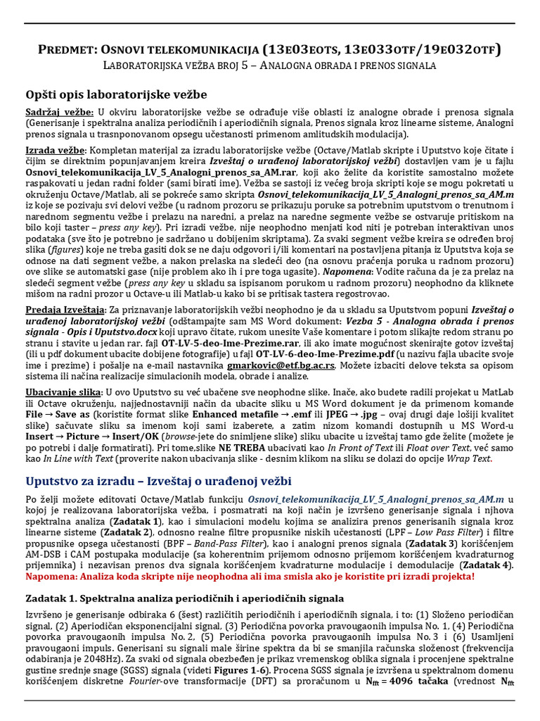 Vezba 5 - Analogna Obrada I Prenos Signala - Opis I Uputstvo | PDF
