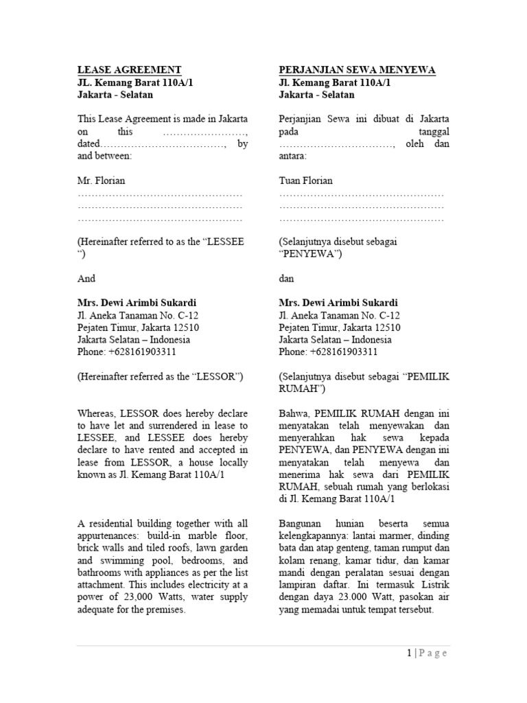 Lease Agreement Kemang Barat 110A - 1 Bilingual Updated | PDF