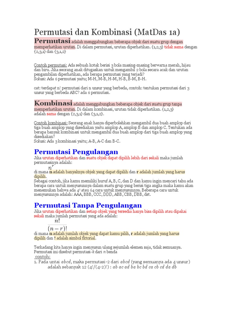 Permutasi & Kombinasi MatDas 1a | PDF