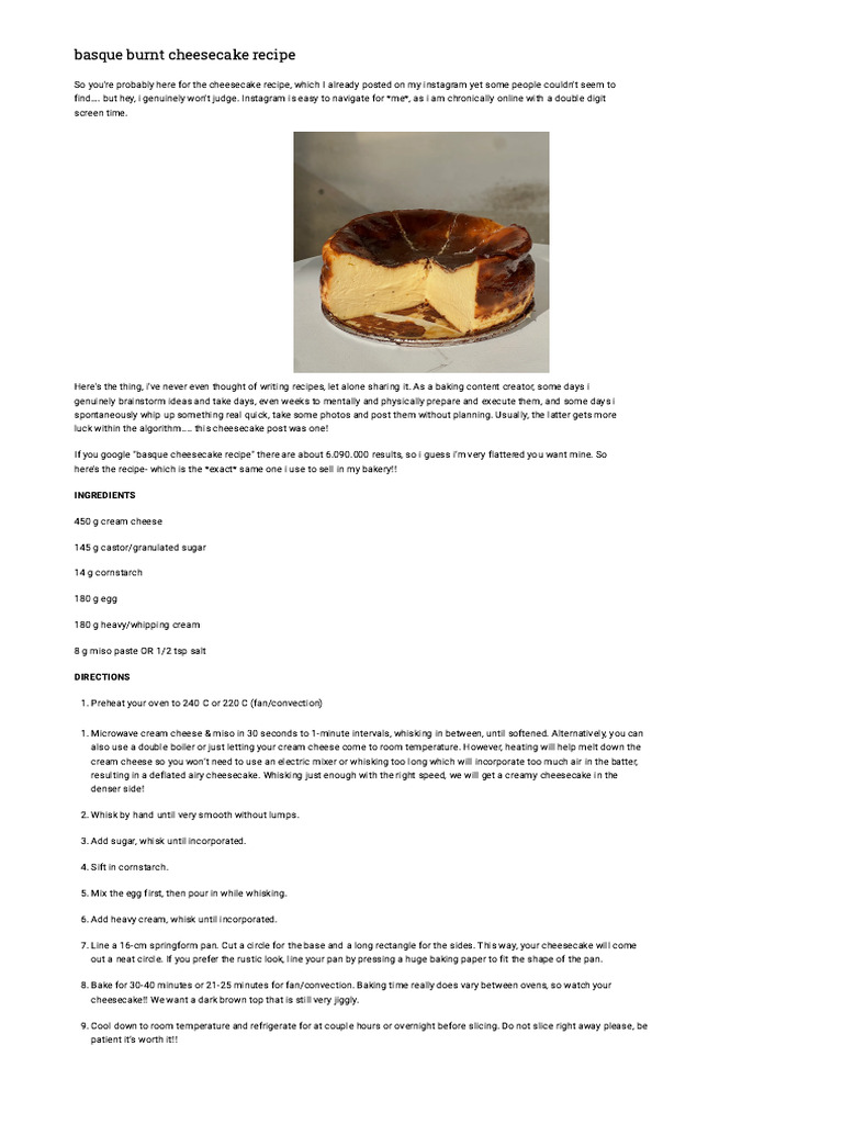 Basque Burnt Cheesecake Recipe - Aimee’s Substack | PDF | Cheesecake | Baking