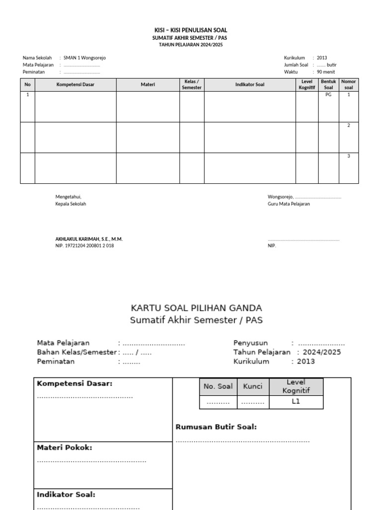 Format Kisi-Kisi Dan Kartu Soal - PAS | PDF