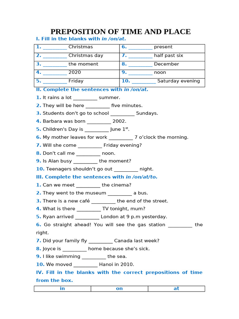 Preposition of Time and Place | PDF