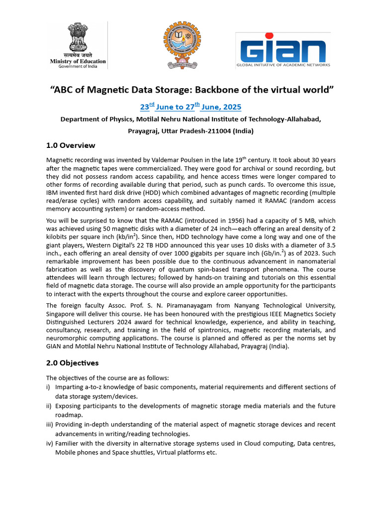 GIAN Brochure-MNNITA-Physics 250607 133439 | PDF | Hard Disk Drive | Thin Film