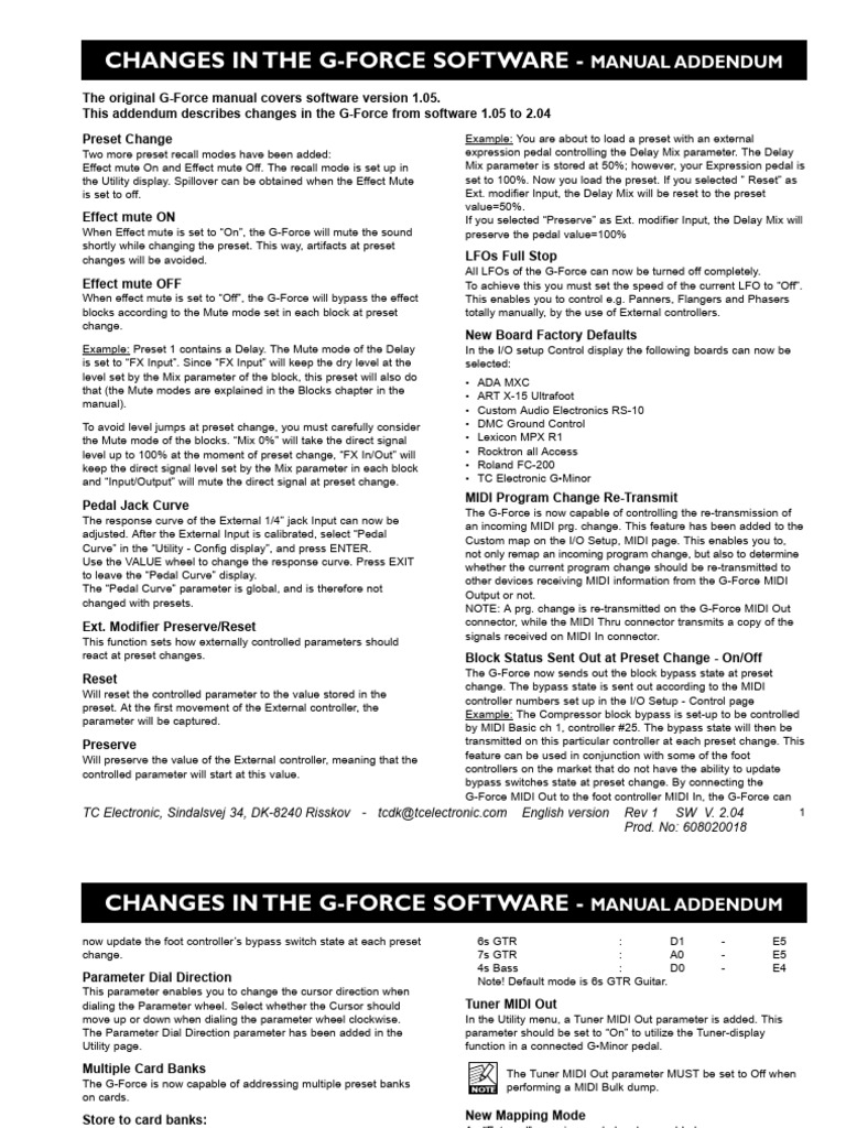 TC Electronic G-Force Manual Addendum English | PDF | Computer Engineering | Sound Technology