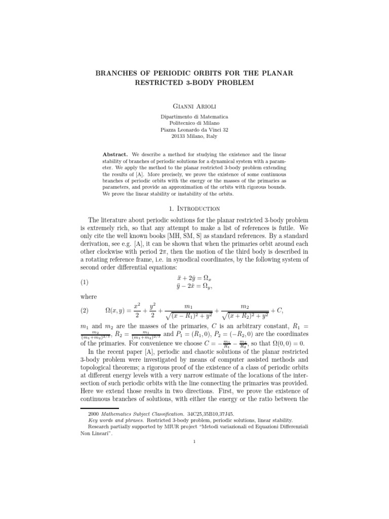 Arioli G. - Branches of Periodic Orbits For The Planar Restricted 3 ...