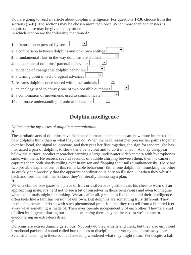 Reading-Unit 4-Exercise 1 | PDF | Dolphin | Zoology