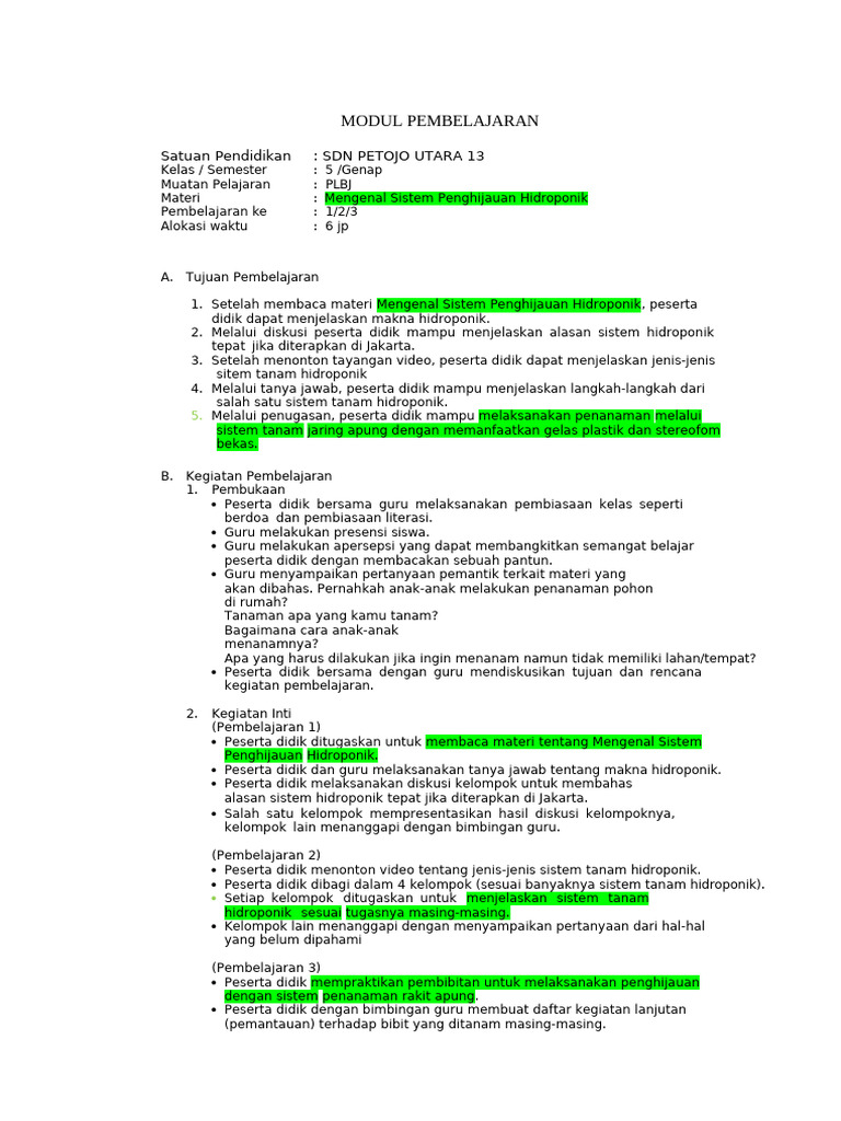 Kelas V Modul Pembelajaran Hidroponik | PDF