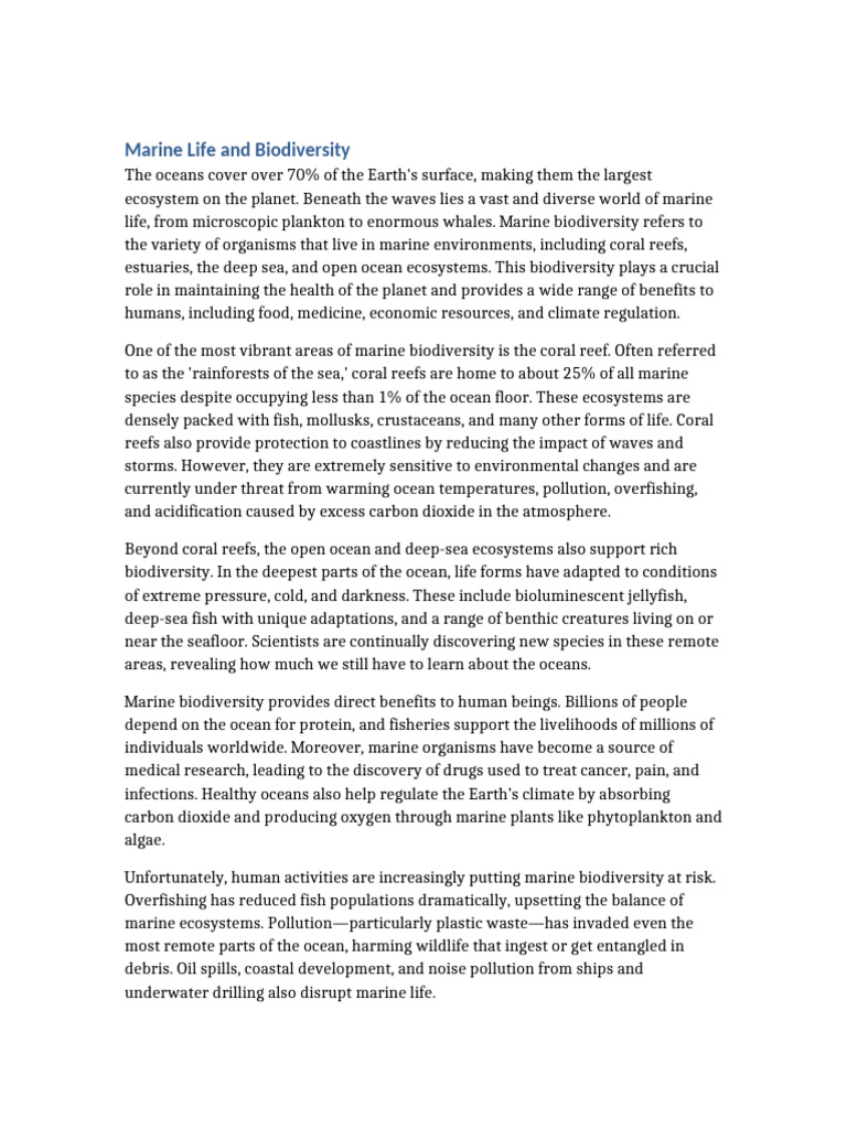 Marine Life and Biodiversity Essay | PDF | Oceans | Coral Reef