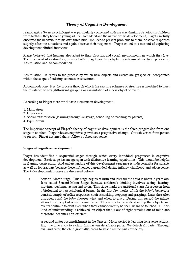 Jean Piaget - Theory of Cognitive Development | PDF | Thought ...