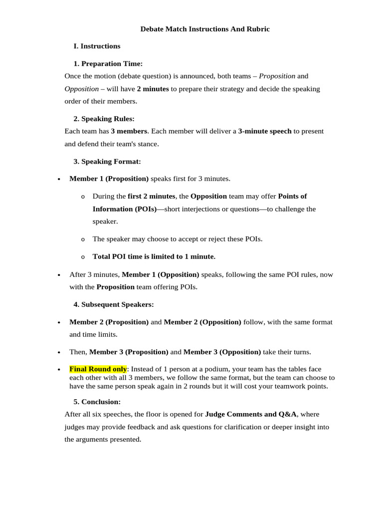 JS2025 - Debate Instruction and Evaluation Rubric | PDF
