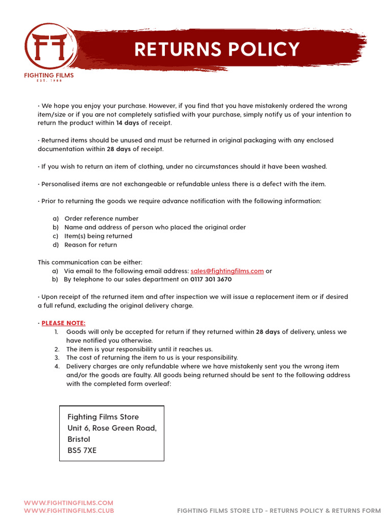 Fighting Films Returns Policy 2024 (Reworked Document) | PDF