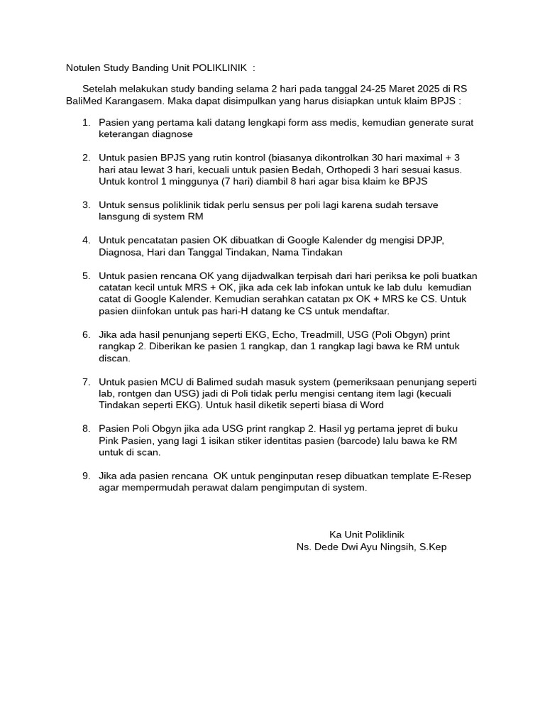 Notulen Study Banding Unit POLIKLINIK | PDF