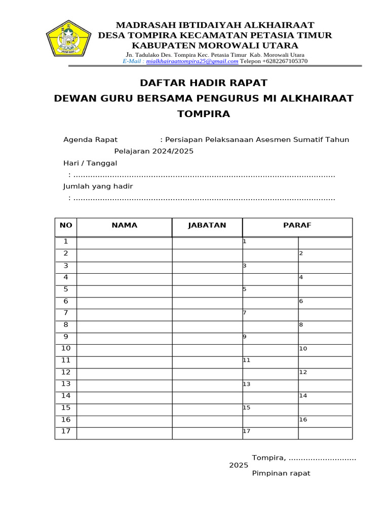 01 Daftar Hadir Rapat Guru | PDF