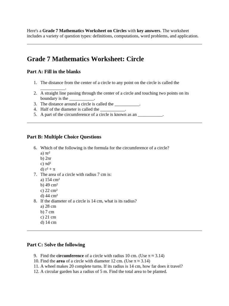 Mathematics Grade 7 Work Sheet of Circle With Key Answers | PDF ...