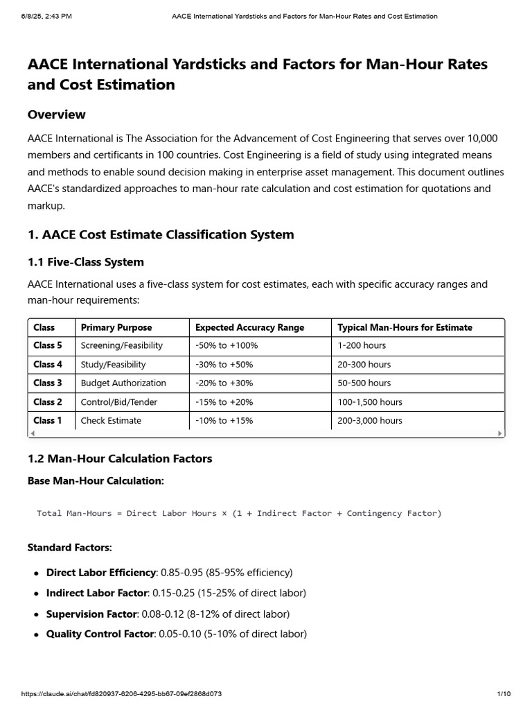 AACE Man-Hour Rates and Cost Estimation | PDF | Risk | Business