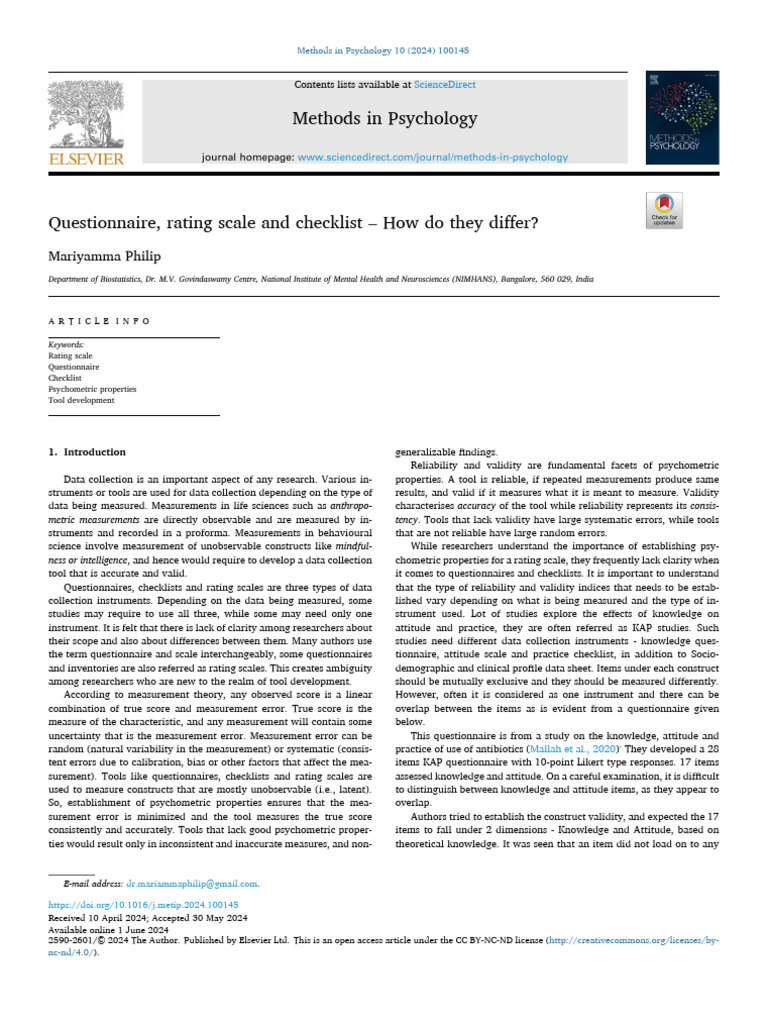 Differences Between Questionnaires, Checklists, and Rating Scales | PDF ...