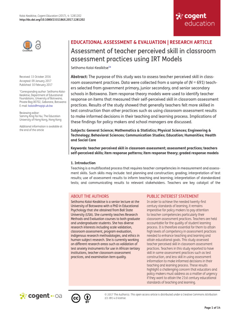 Assessment of Teacher Perceived Skill in Classroom | PDF | Educational Assessment | Teachers