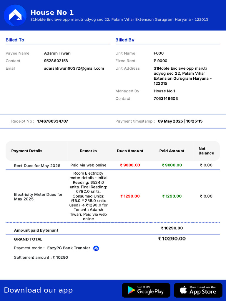 EazyPG Tenant Payment Receipt | PDF | Payments | Receipt