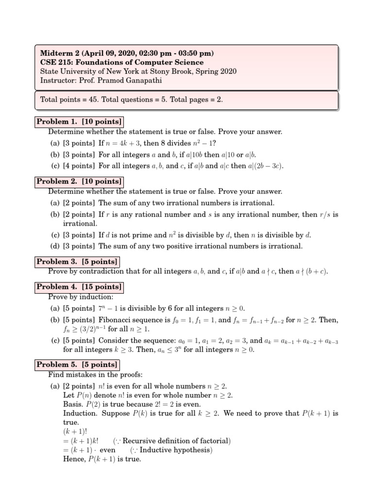 CSE215 2020spring Midterm2 | PDF | Integer | Arithmetic