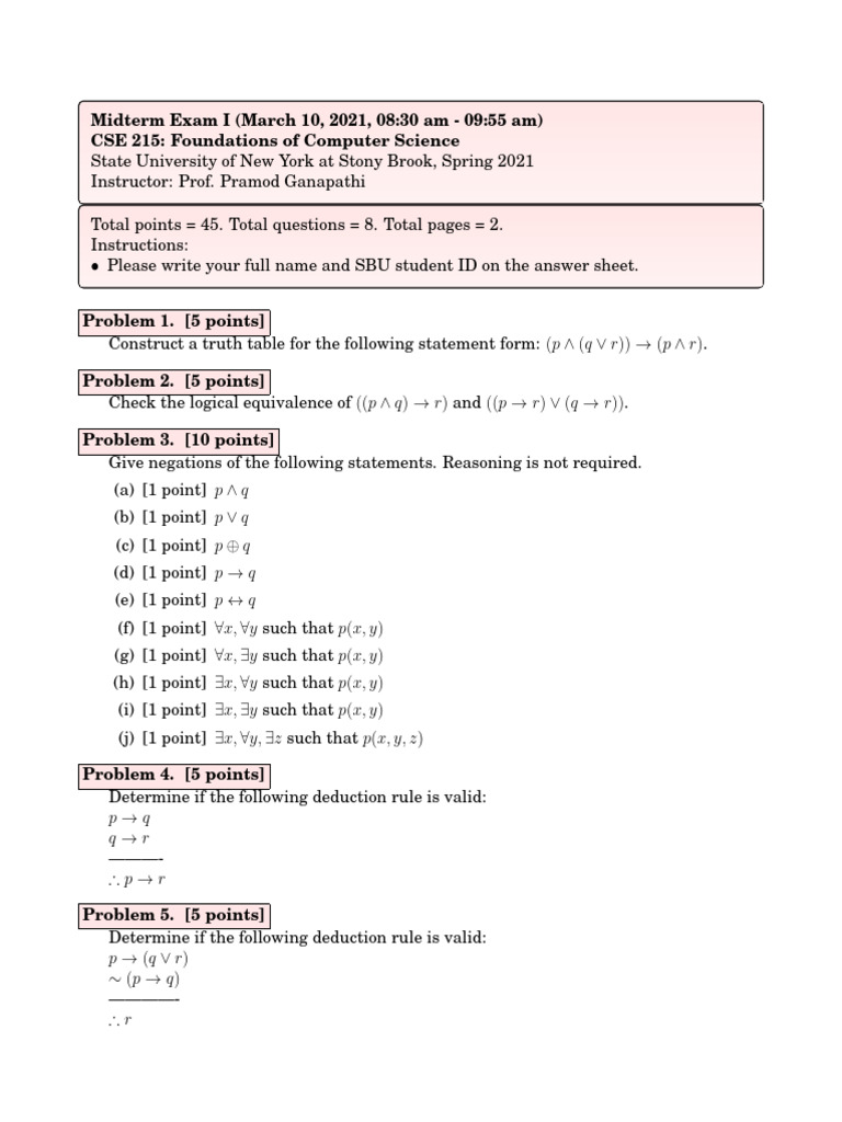 CSE 215 Midterm Exam I Guide | PDF