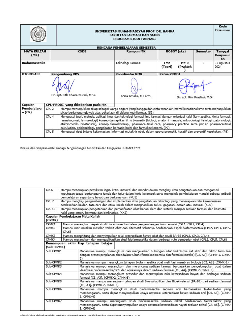 (TekFar) RPS Dan RTM - Biofarmasetika - 2024 | PDF