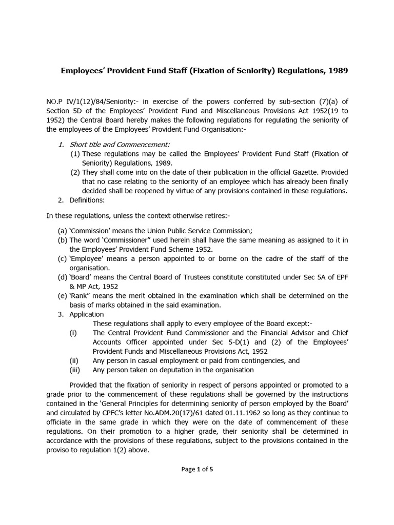 EPF SeniorityFixationRegulations1989 | PDF | Governance | Government