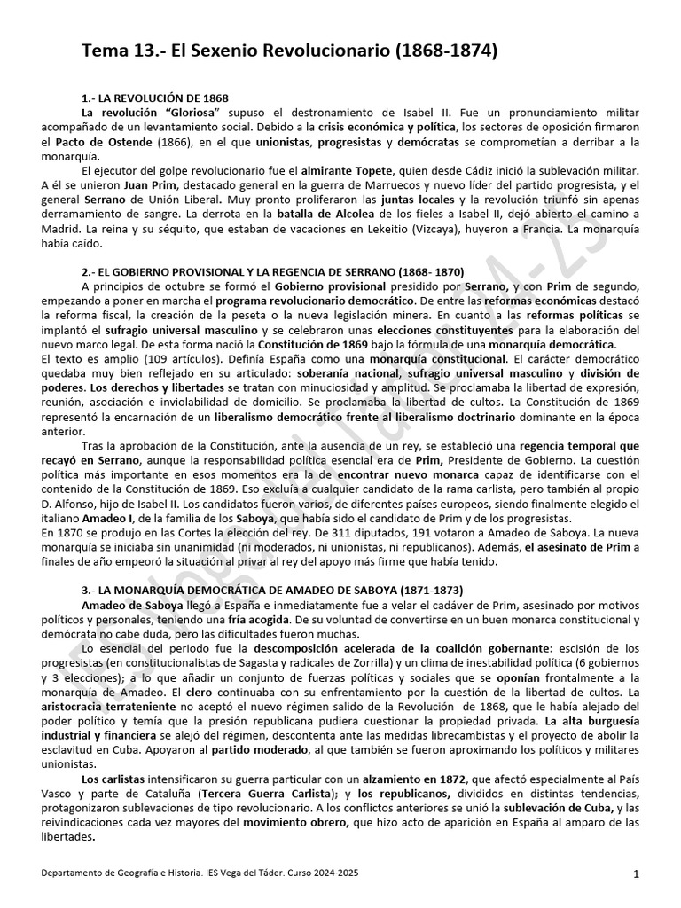 Tema 13 - El Sexenio Revolucionario. | PDF | Gobierno de españa | Política de españa