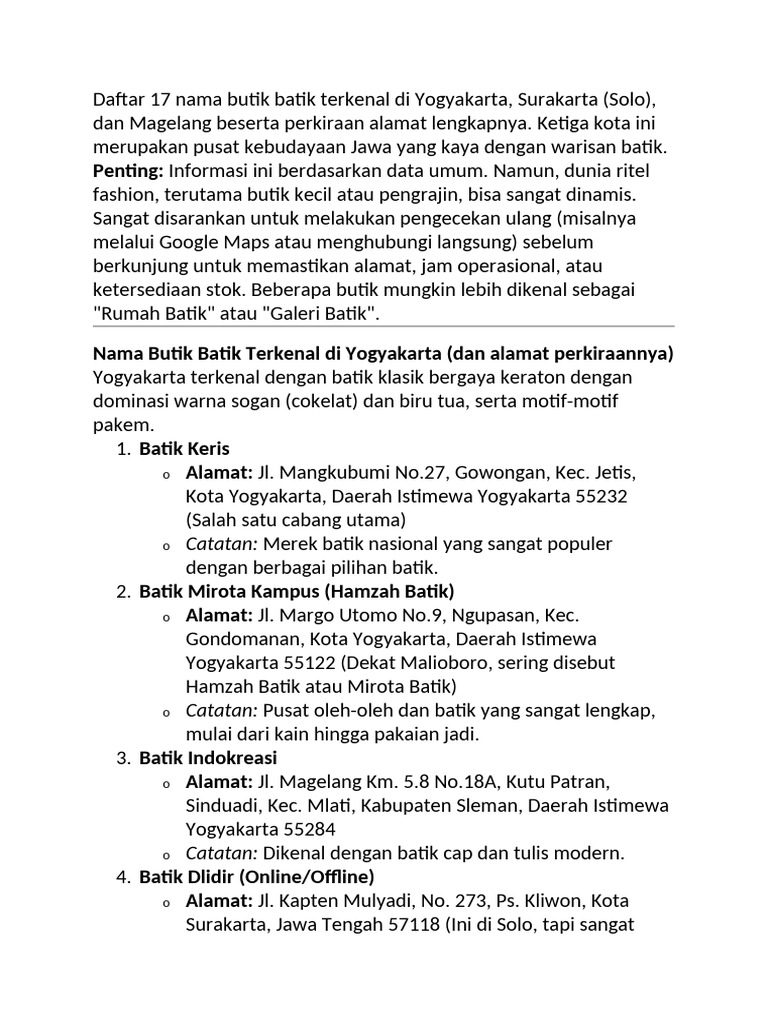 Butik Batik Terkenal di Yogyakarta | PDF