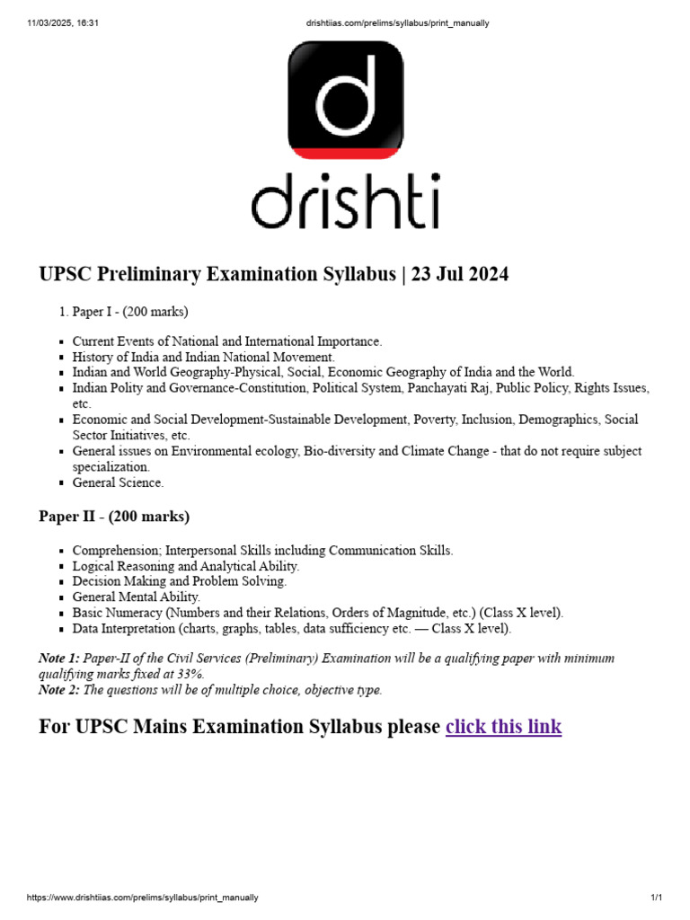 UPSC Prelims Exam Syllabus 2024 | PDF