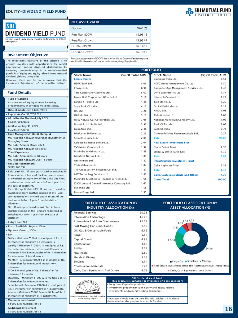 SBI Dividend Yield Fund Factsheet July 2024 | PDF | Dividend | Investing