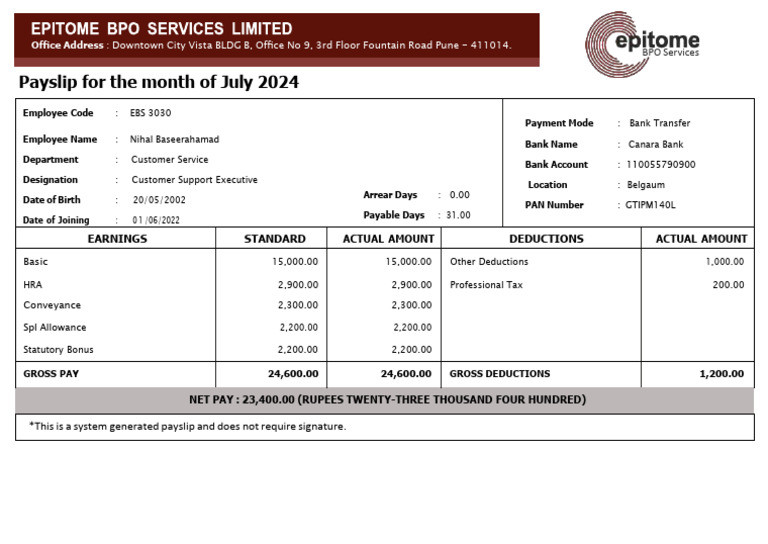 July 2024 Payslip for Nihal Baseerahamad | PDF
