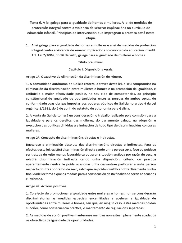 Tema 6. A Lei Galega para A Igualdade, A Lei de Medidas de Protección Integral Contra A VDX | PDF