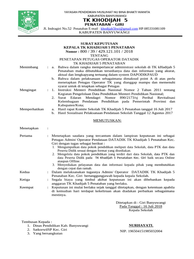 Penetapan Operator Datadik TK Khadijah 5 | PDF