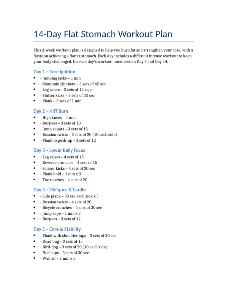14 Day Flat Stomach Workout Plan Pdf Physical Fitness Physical