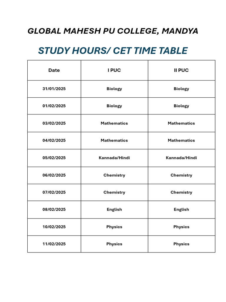 Study Hours/ Cet Time Table: Global Mahesh Pu College, Mandya | PDF