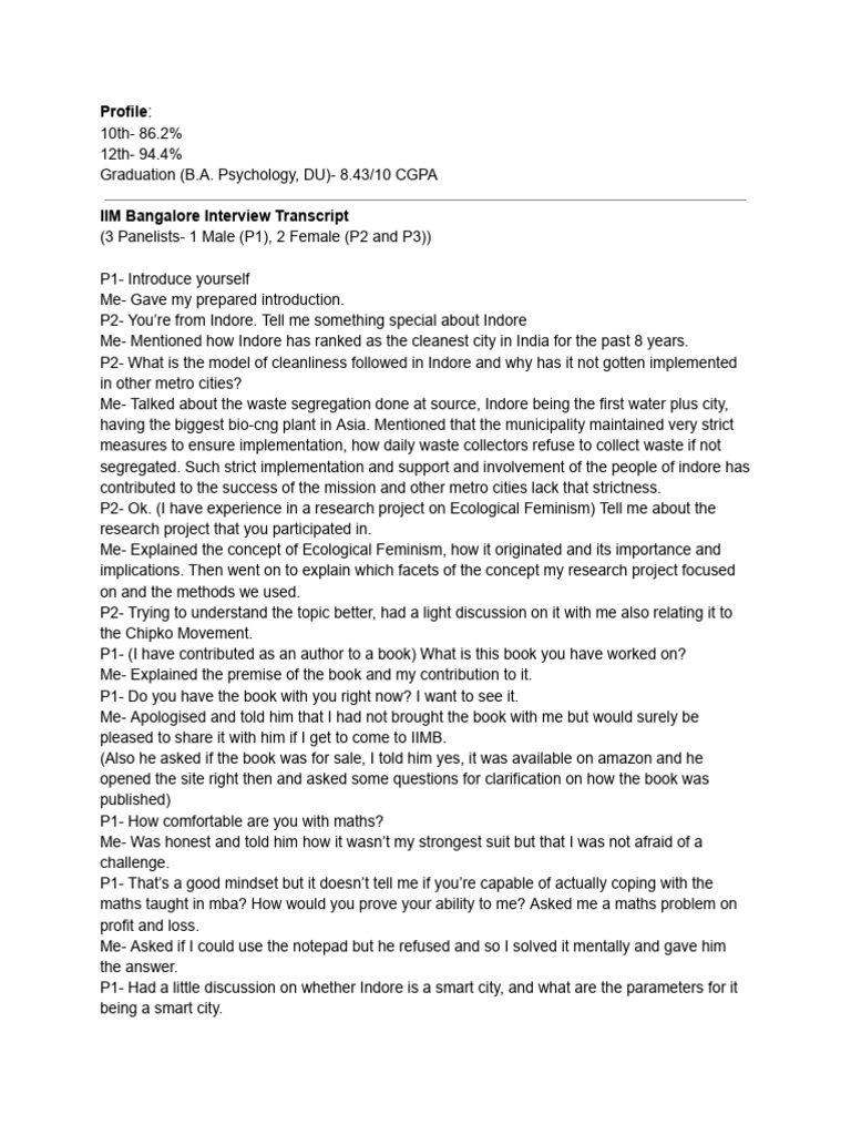 FMS and IIMB Interview Transcripts | PDF | Psychology