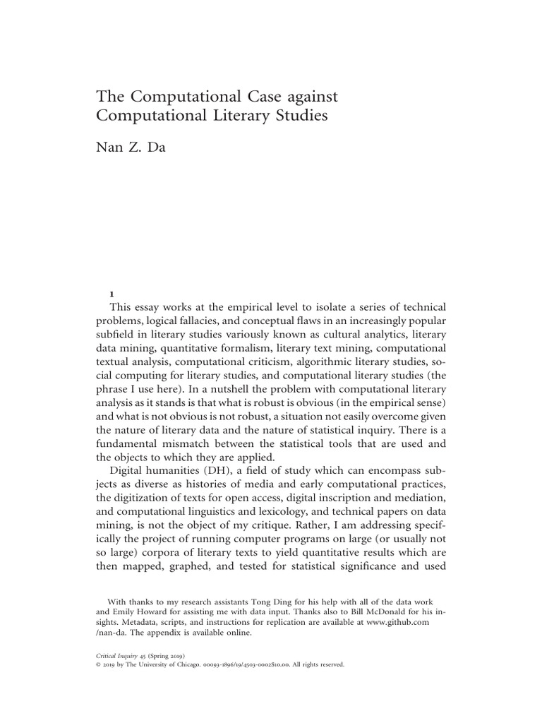Da - The Computational Case Against Computational Literary Studies | PDF | Statistics | Bayesian ...