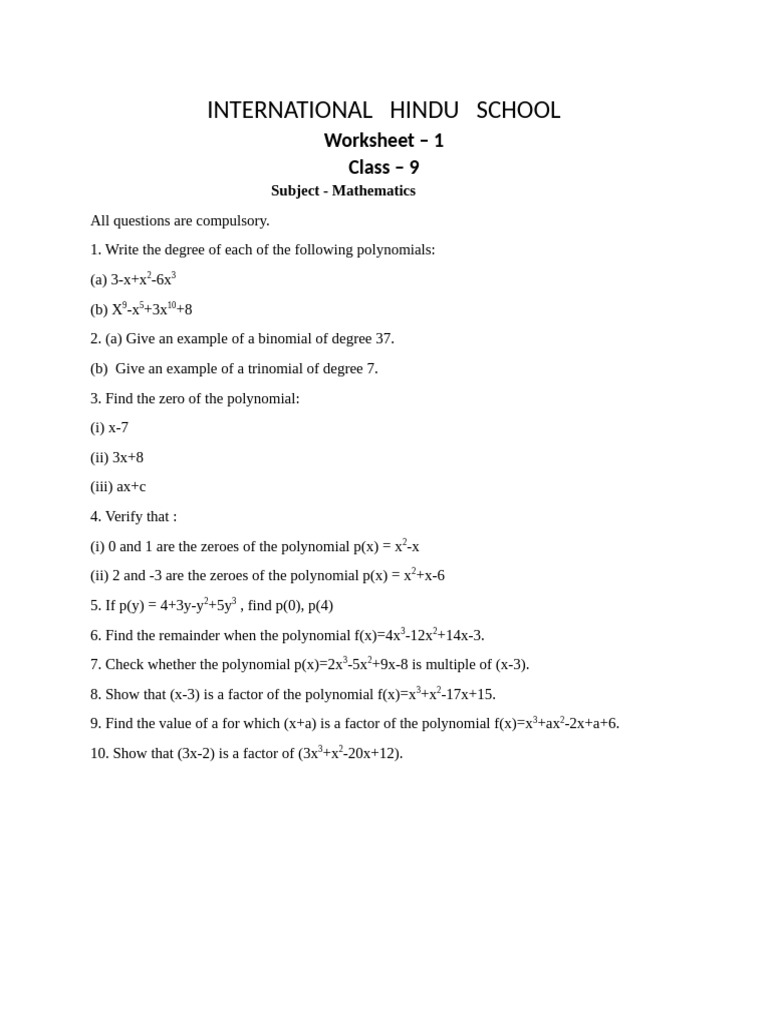 Class 9 Worksheet | PDF
