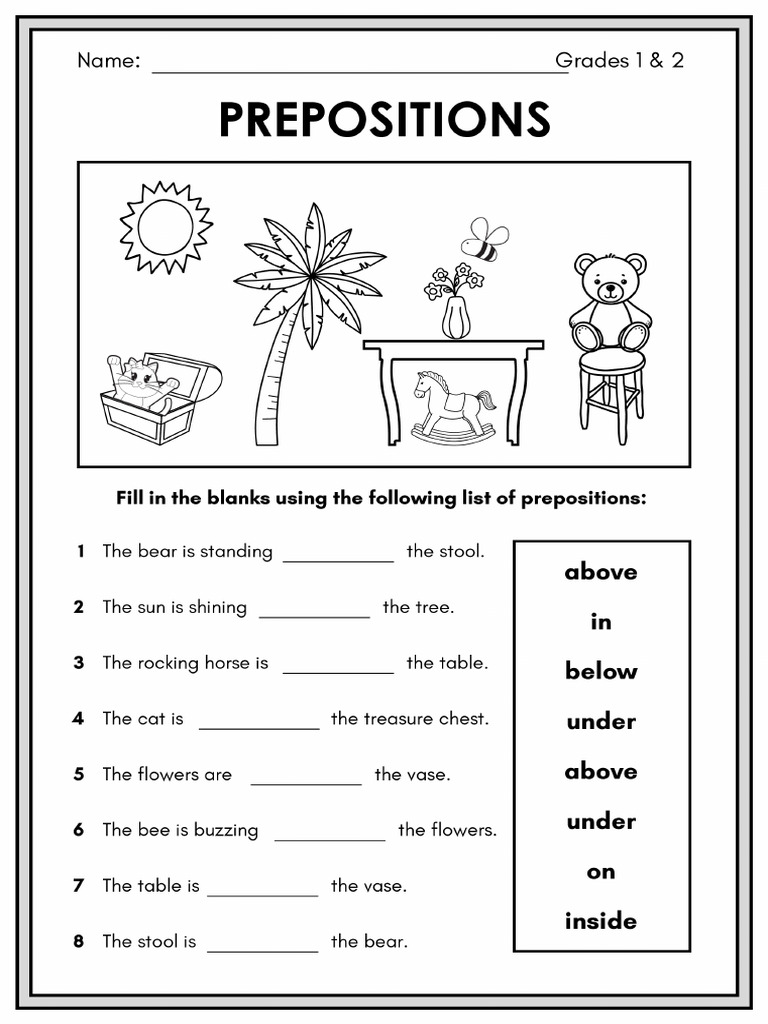 Preposition English Grammar Worksheet in Greyscale Clean Style | PDF