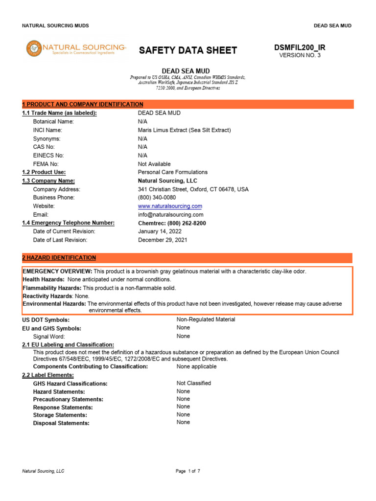 Dead Sea Mud Safety Data Sheet | PDF | Dangerous Goods | Working Conditions