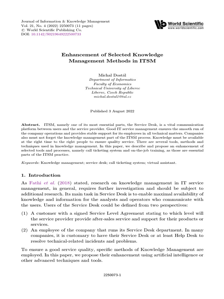 Dostál 2022 Enhancement of Selected Knowledge Management Methods in Itsm | PDF | Knowledge ...
