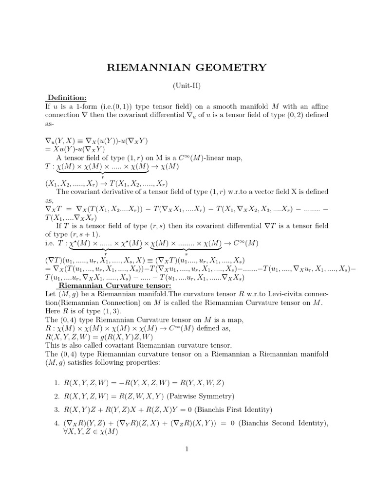 Riemannian Geometry Unit II | PDF | Tensor | Manifold