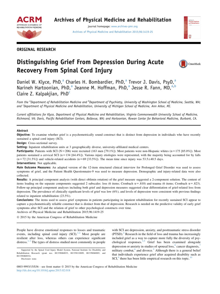 Grief vs. Depression After Spinal Injury | PDF | Grief | Psychological ...