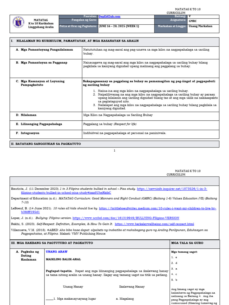 DLL Matatag - GMRC 5 q1 w1 | PDF