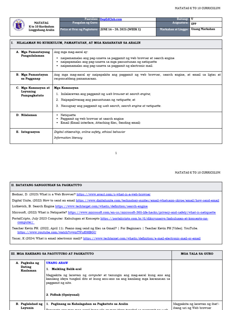 DLL Matatag - Epp 5 q1 w1 | PDF