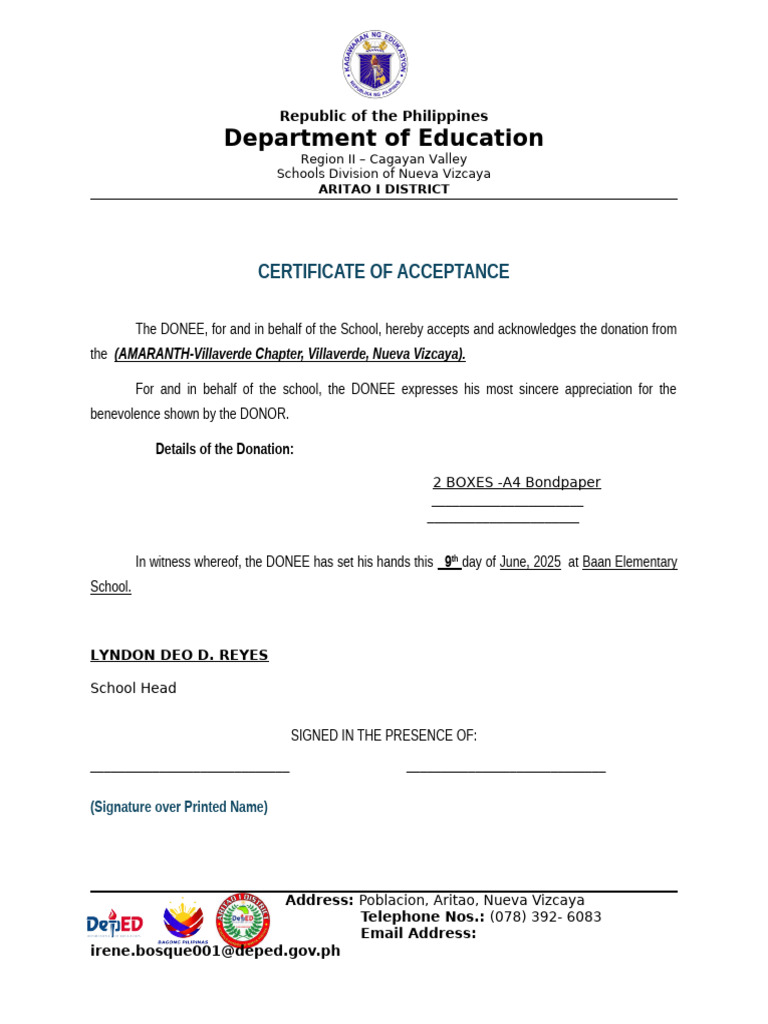 Brigada Cert of Acceptance | PDF