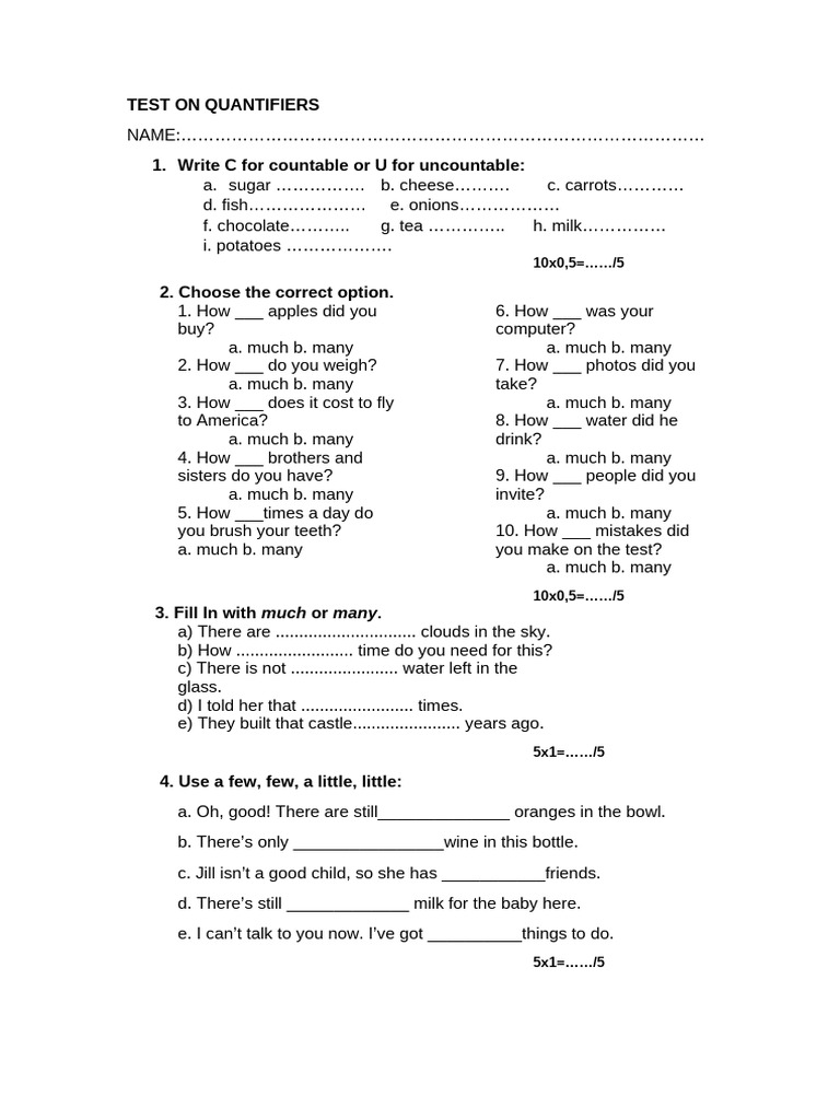 Test on Quantifiers | PDF